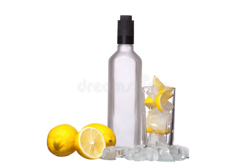 Bottle of Vodka and Wine Glass with Lemon and Ice Isolated on Wh Stock ...