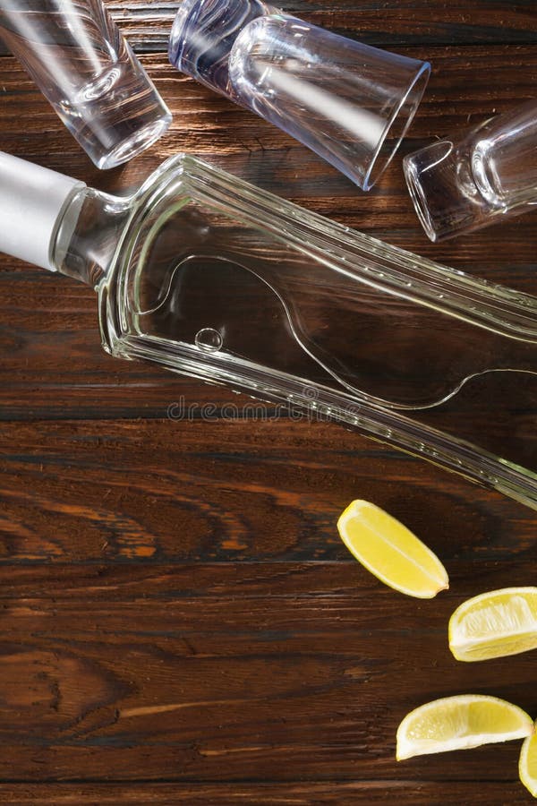 Bottle Vodka on Wooden Table with Copy Space. View from Above, Top View ...