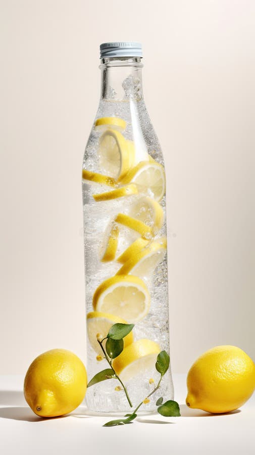 A Bottle of Water with Lemons and Leaves. Generative AI Image. Stock ...