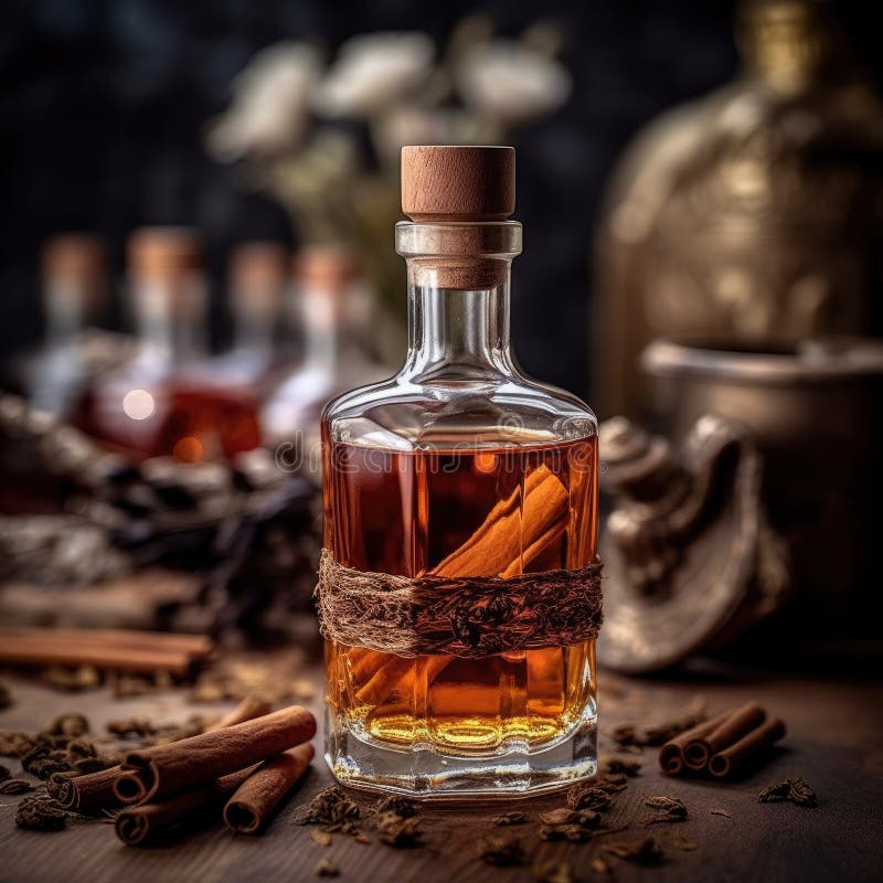 Bottle of Whiskey on Table with Cinnamon Sticks Stock Illustration ...