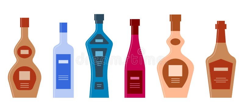 Bottle Of Whiskey Vodka Gin Wine Cognac Rum In Row Graphic Design For Any Purposes Flat Style