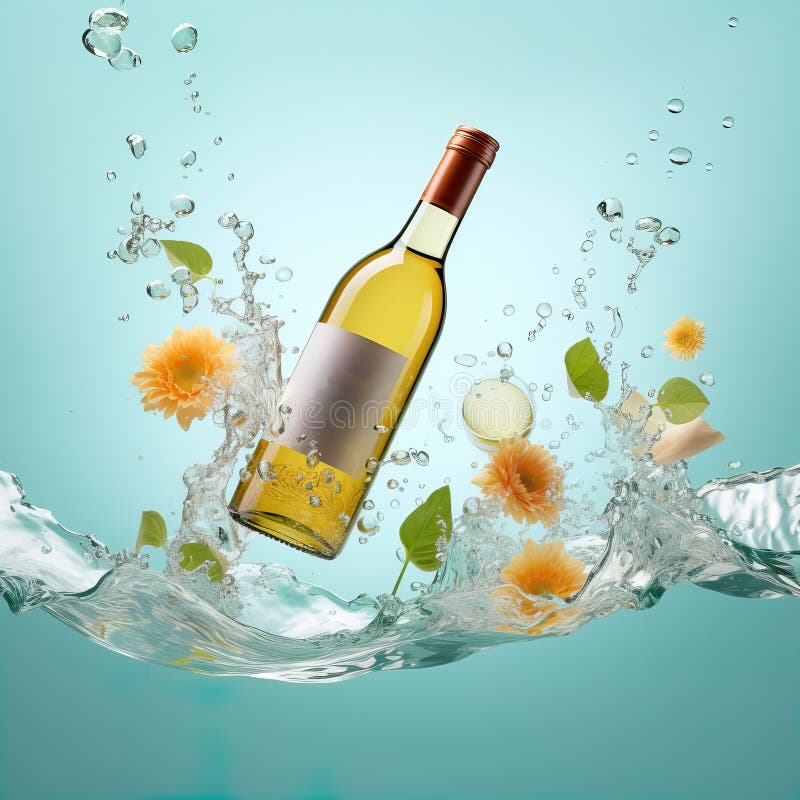 Bottle of White Wine Floating in Liquid Splash. Wine Bottle Mockup with ...