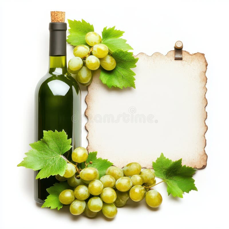 White Wine Bottle with Grapes and Blank Paper Note. Stock Illustration ...