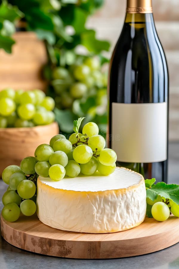 A Cheese Board with a Bottle of Wine and Some Grapes on it Stock Image ...