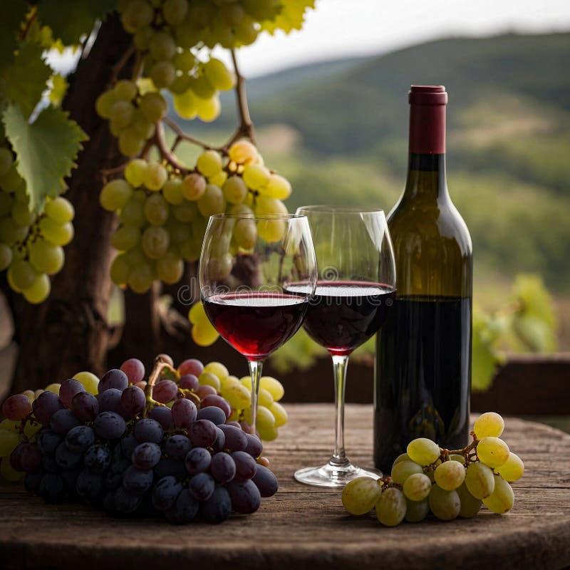 Bottle of Wine, Glass of Wine, Grapes on Background of Vineyard ...