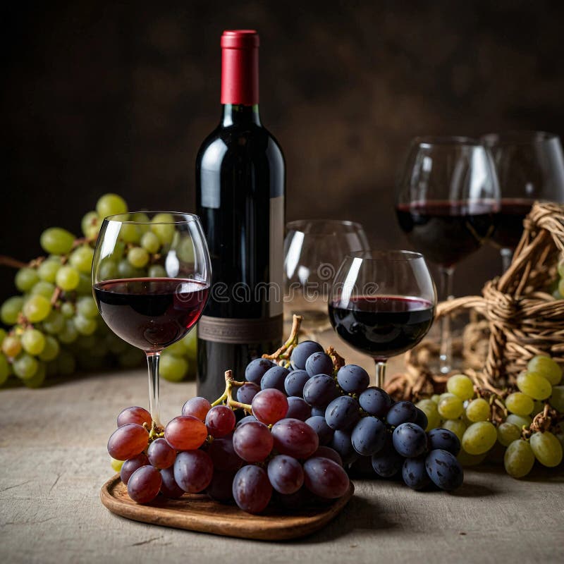 Bottle of Wine, Glass of Wine, Grapes on Background of Vineyard ...
