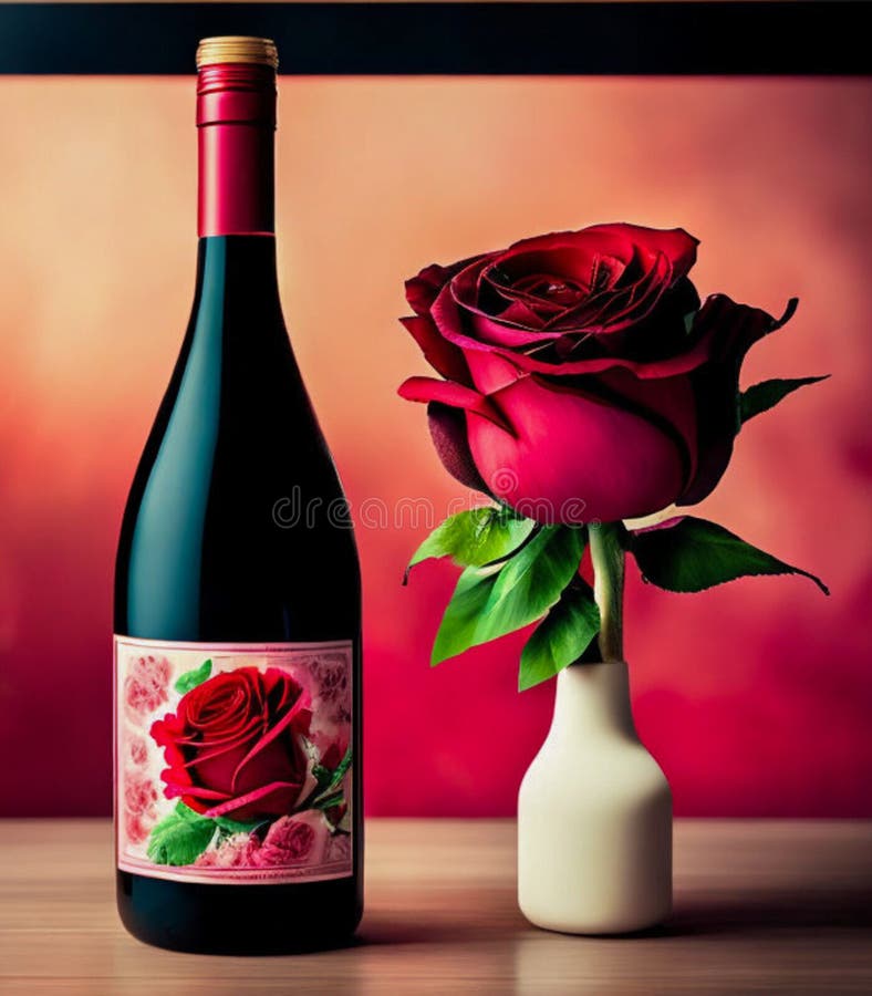 Bottle of Wine and Roses on a Wooden Table. Close-up Stock Illustration ...