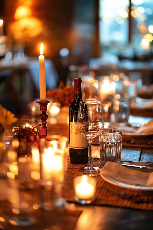 Bottle of Wine Standing on Table Set for Romantic Dinner in Restaurant ...