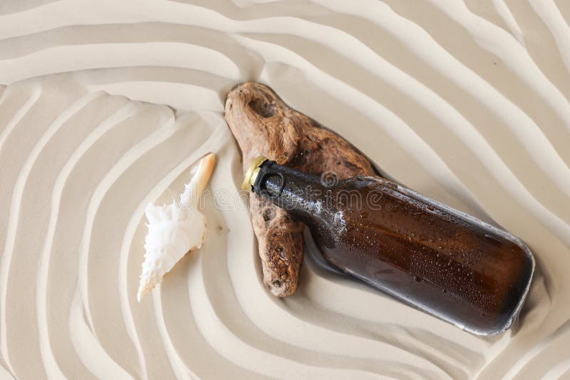 Bottled Beer on the Sand with a Shell,top View Stock Photo - Image of ...