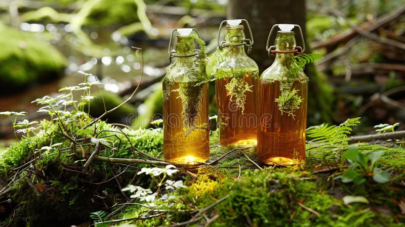 Bottled Magic Potions Amidst the Enchanted Woods . Generative Ai Stock ...