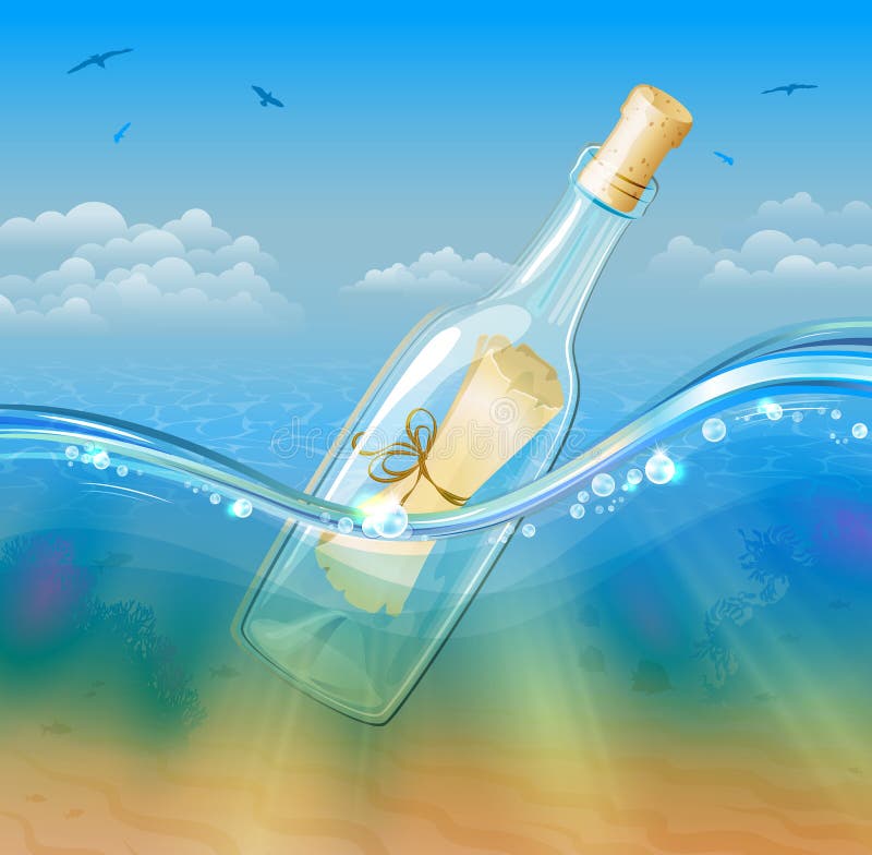 Bottle with Paper Floating in the Ocean Waves Stock Vector ...