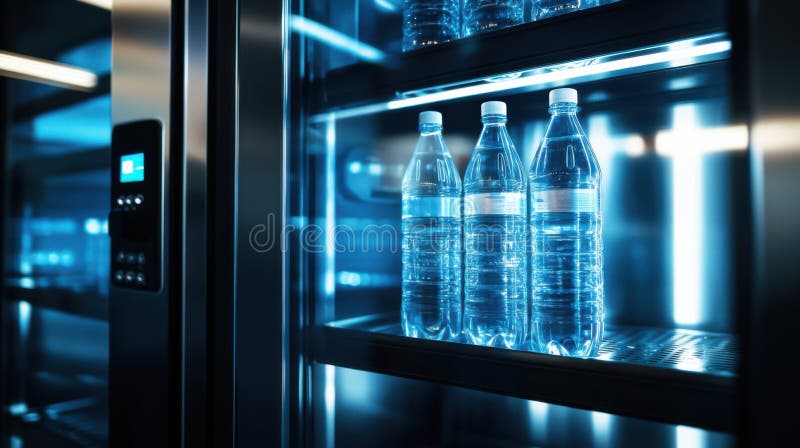 Bottled Water Displayed in a Modern Vending Machine Illuminated with ...