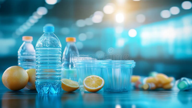 Bottled Water and Fresh Lemons on Table Stock Illustration ...