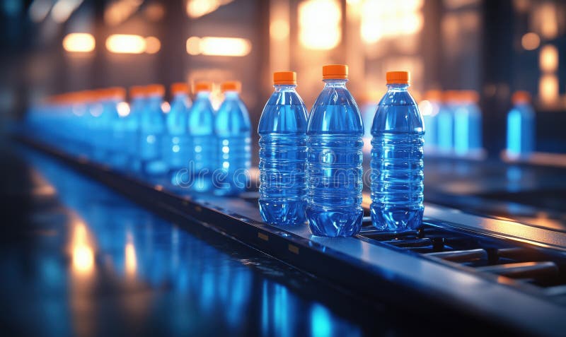 Bottled Water Production Line Showcasing Blue Plastic Bottles with ...