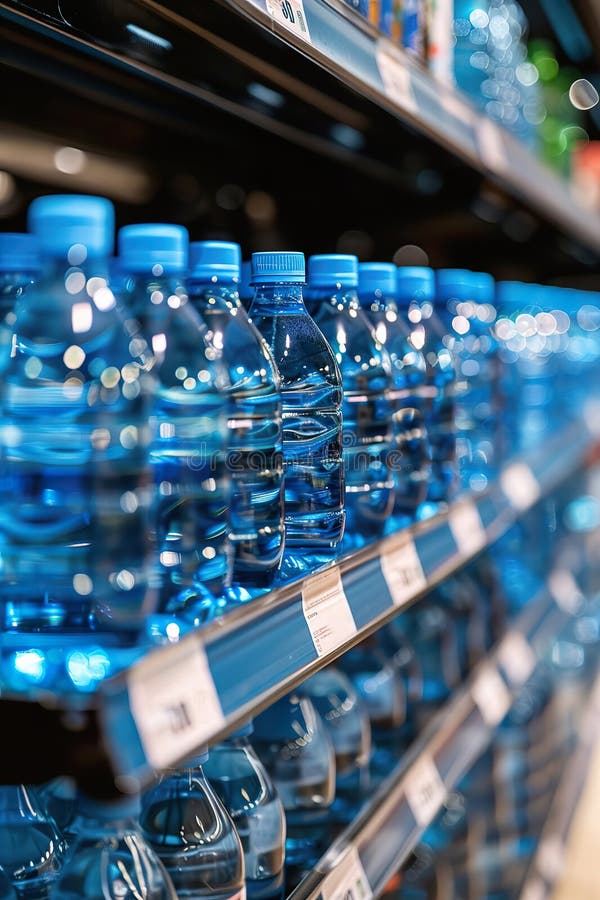 Bottled Water Stacked on Grocery Shelves in Supermarket Stock Image ...