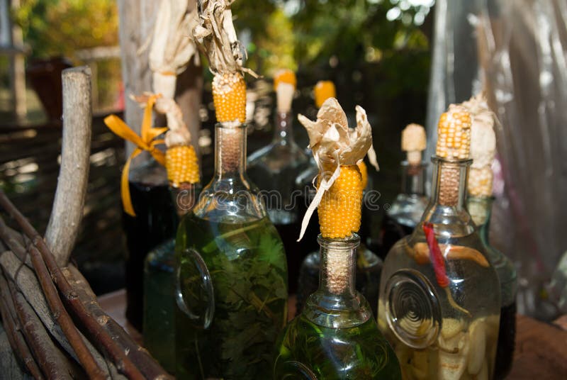 Bottles with Alcohol Sealed Stoppers of Ears of Corn Stock Image ...
