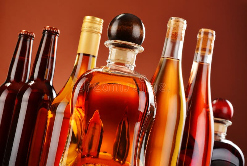 Bottles of Assorted Alcoholic Beverages Stock Photo - Image of ...