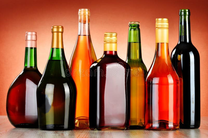 Bottles of Assorted Alcoholic Beverages Including Beer and Wine Stock ...