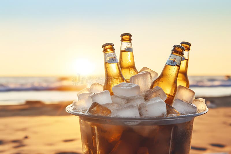 Bottles of Beer in Ice Bucket on the Beach at Sunset Stock Illustration ...
