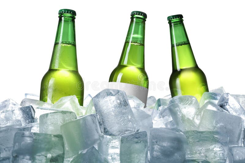 Bottles of Beer on Ice Cubes Against White Background Stock Image ...