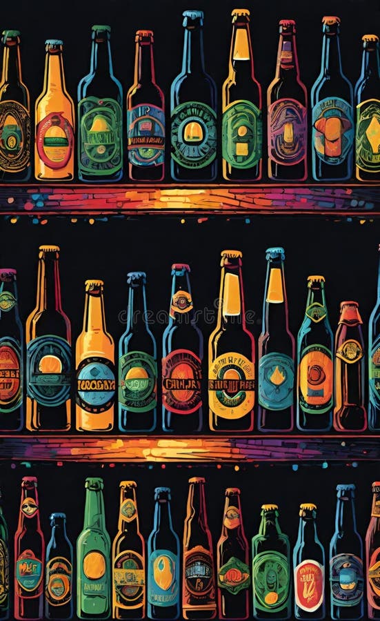 Bottles of Beers with Caps on a Shelf. Stock Illustration ...