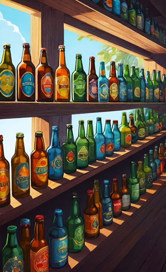 Bottles of Beers with Caps on a Shelf. Stock Illustration ...