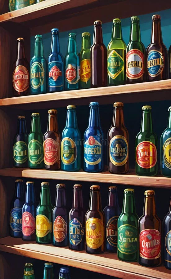 Bottles of Beers with Caps on a Shelf. Stock Illustration ...