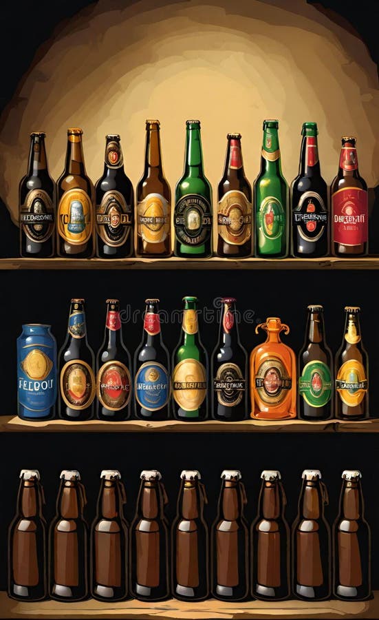 Bottles of Beers with Caps on a Shelf. Stock Illustration ...
