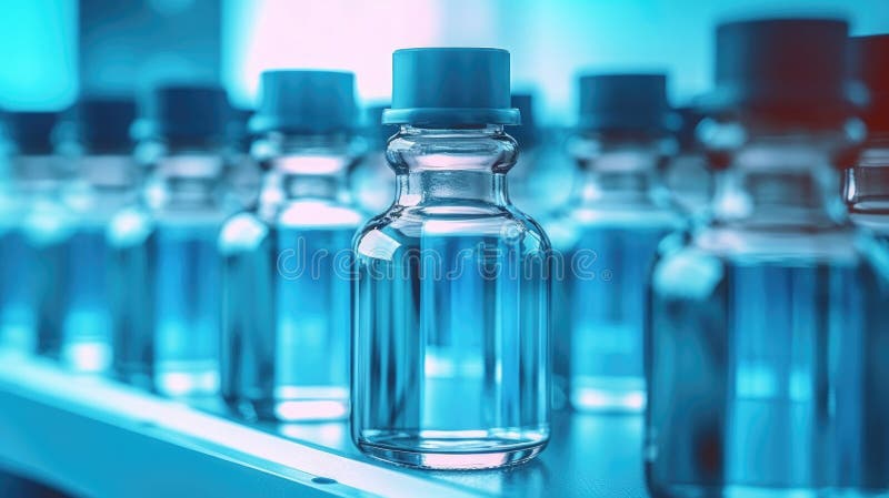 Bottles of Blue Liquid, Test Tubes with Chemicals, and a Container of ...
