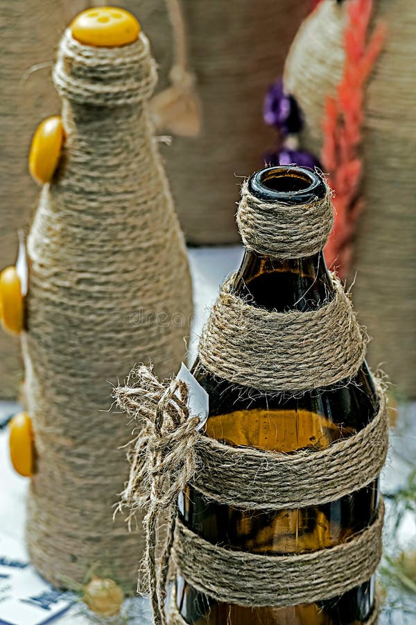 Bottles Braided with Flax Rope Stock Image - Image of macro, abstract ...