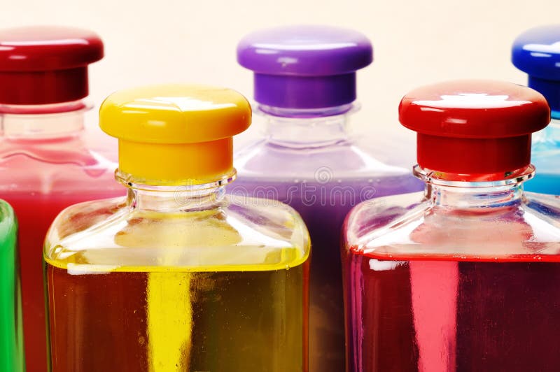 Bottles with Color Liquids. Stock Image - Image of foam, chemical: 20234151