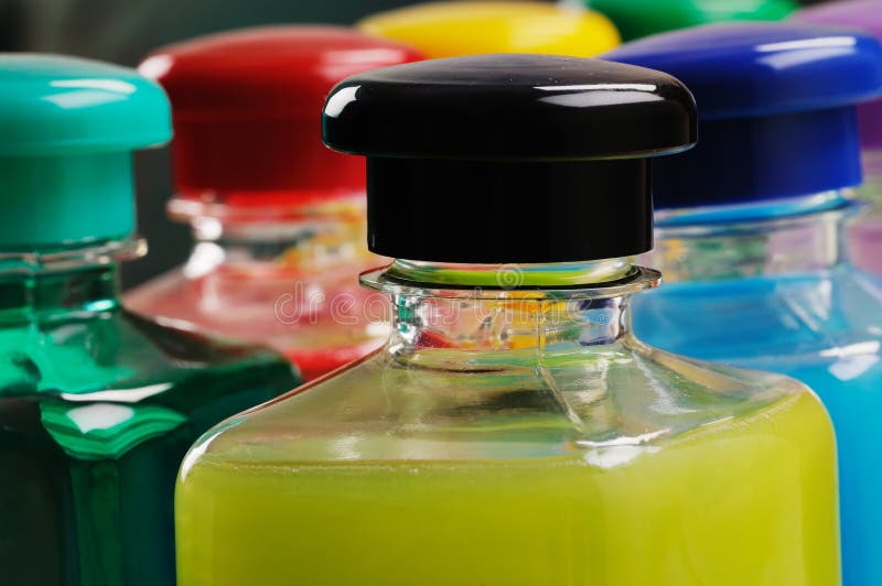 Bottles with Color Liquids. Stock Image - Image of plastic, bath: 26146057