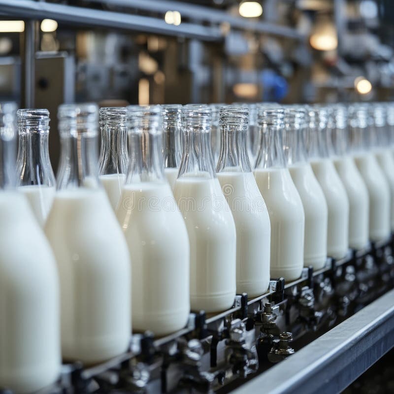 Bottles Containing Milk are Arranged Along a Production Line at a Dairy ...