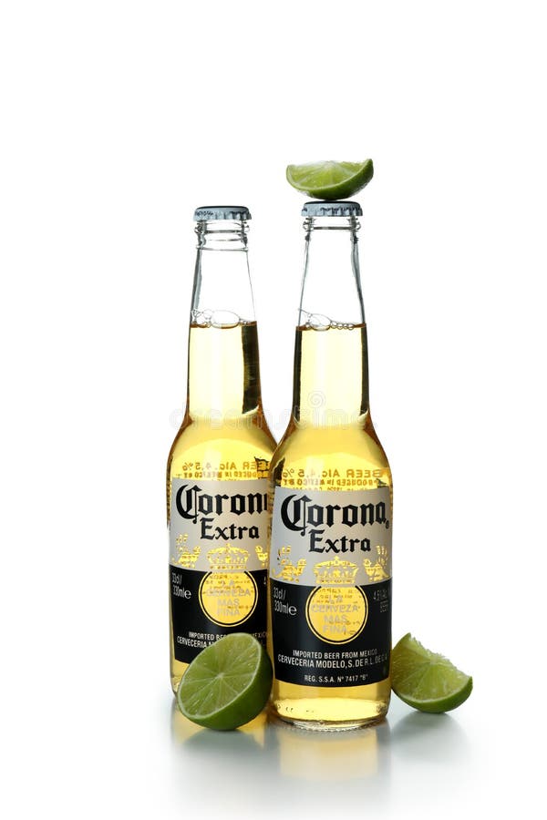 Bottles of Corona Extra and Lime Isolated on White Background Editorial ...