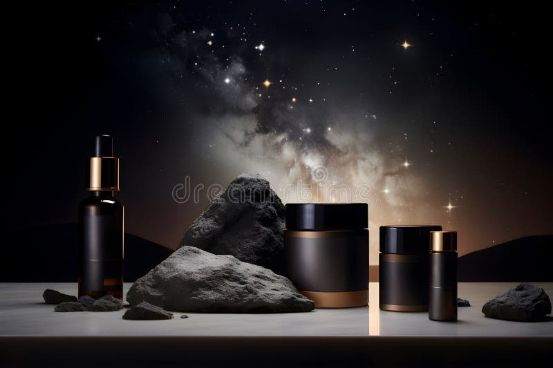 Bottles on a Countertop with Rocks, Illuminated by the Starry Night Sky ...