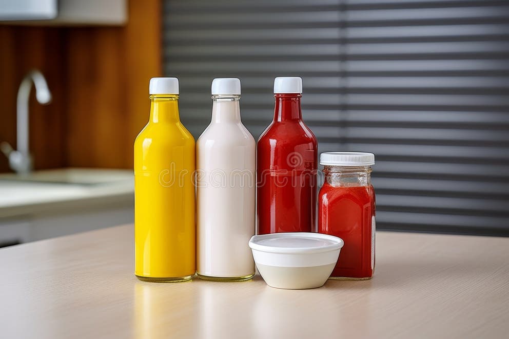 Bottles of Different Sauces on the Table in Modern Kitchen Stock ...