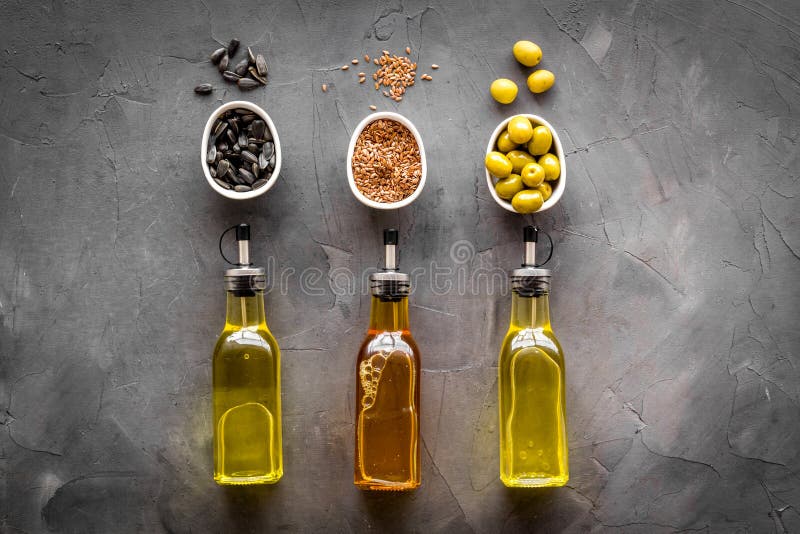 Bottles of Different Types Cooking Oil. Sunflower Olive and Sesame Oil ...