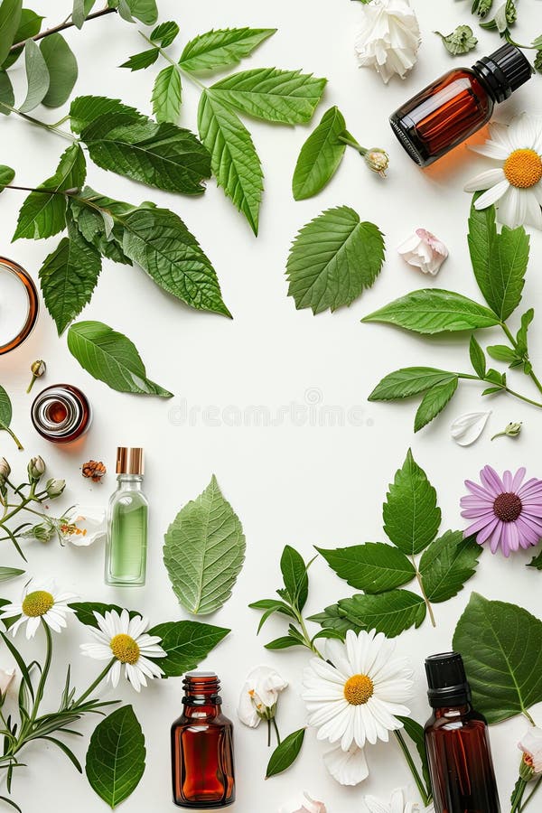 Bottles with Essential Oils on a Background of Flowers and Leaves ...