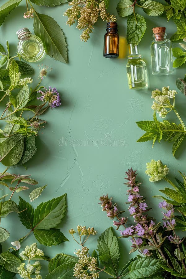Bottles with Essential Oils on a Background of Flowers and Leaves ...