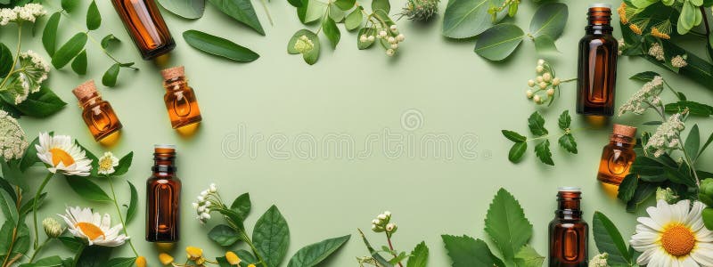 Bottles with Essential Oils on a Background of Flowers and Leaves ...