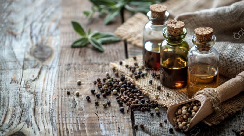 Bottles of Essential Oils with Spices on Rustic Table Stock Image ...