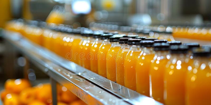 Bottles on an Orange Juice Production Line. Automatic Juice Packaging ...