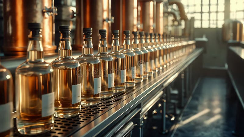 Bottles of Gin in Motion on a Conveyor in a Modern Distillery during ...