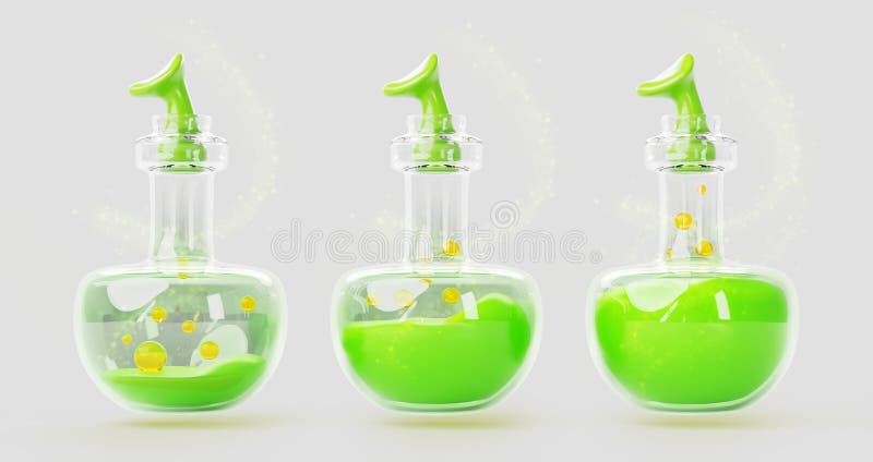 Bottles with Green Magic Potion, Alchemy Elixir or Witch Poison 3d ...