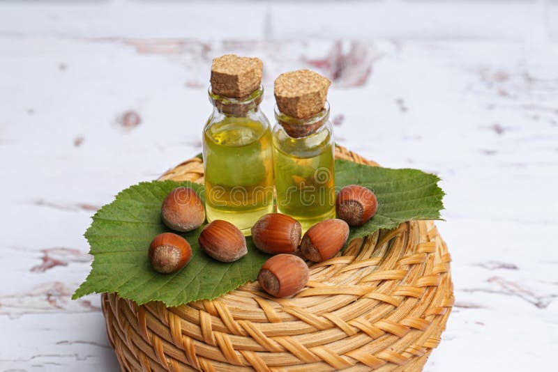 Bottles of Hazelnut Essential Oil and Nuts on Table Stock Photo - Image ...