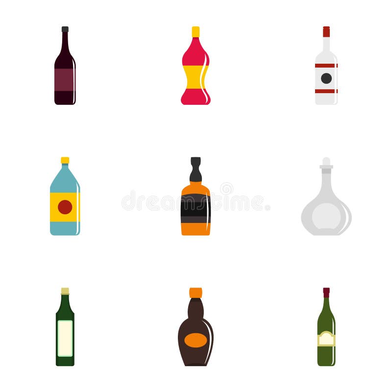 Bottles Icon Set, Flat Style Stock Vector - Illustration of alcoholic ...