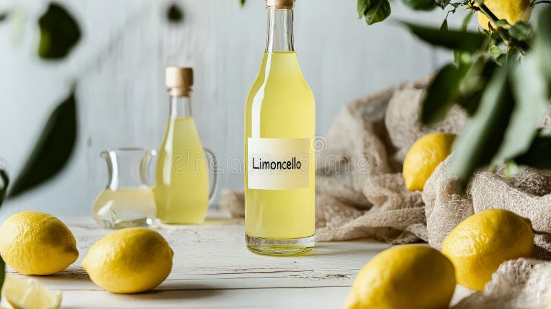 Bottles of Limoncello Surrounded by Fresh Lemons and Green Leaves on a Rustic Table Stock ...