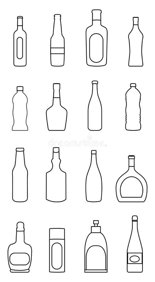 Bottles Line Icons. Beer Drinks, Wine Glass and Whiskey Bottle. Linear ...