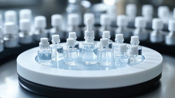 Bottles of Liquid on a Circular Platform Laboratory or Pharmaceutical ...