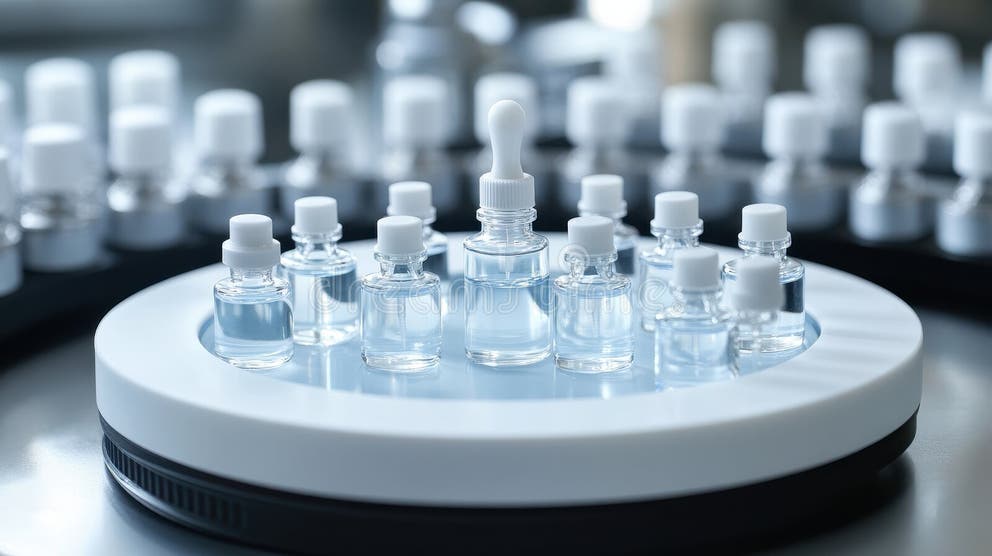 Bottles of Liquid on a Circular Platform Laboratory or Pharmaceutical ...